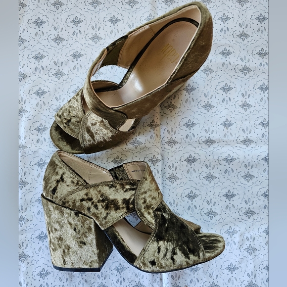 CAbi | Shoes | Cabi Interlock Olive Green Velvet Open Toe Heels | Poshmark
